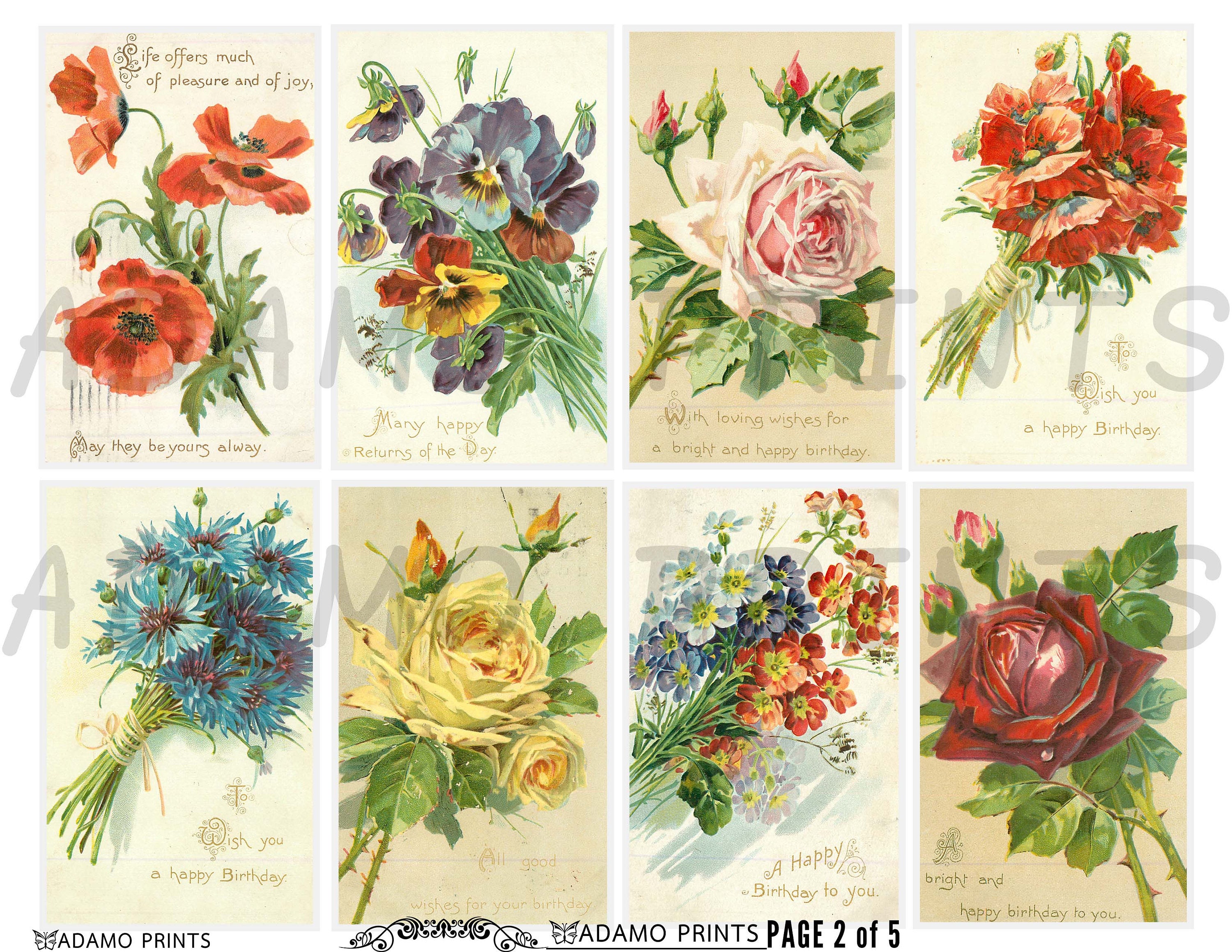 Birthday Postcards Digital Set1 Birthday Flower ATC - Etsy