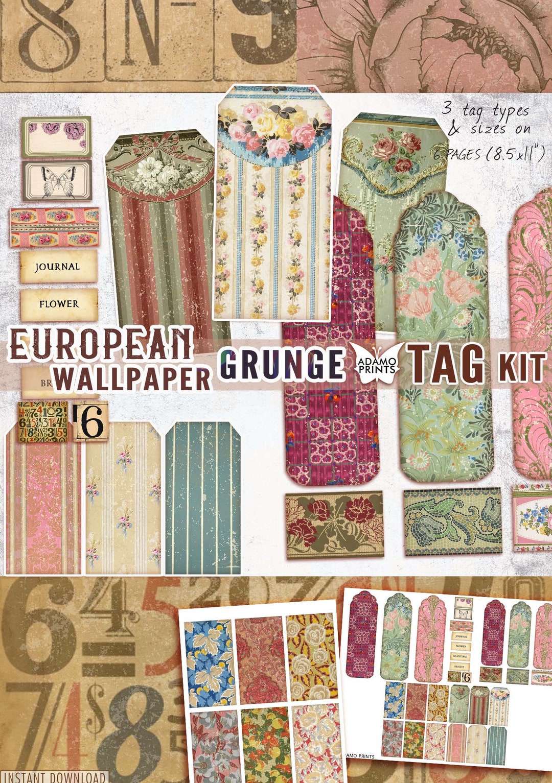 European Wallpaper Grunge Tag Kit, Digital Tag, Victorian, Ephemera Tag ...