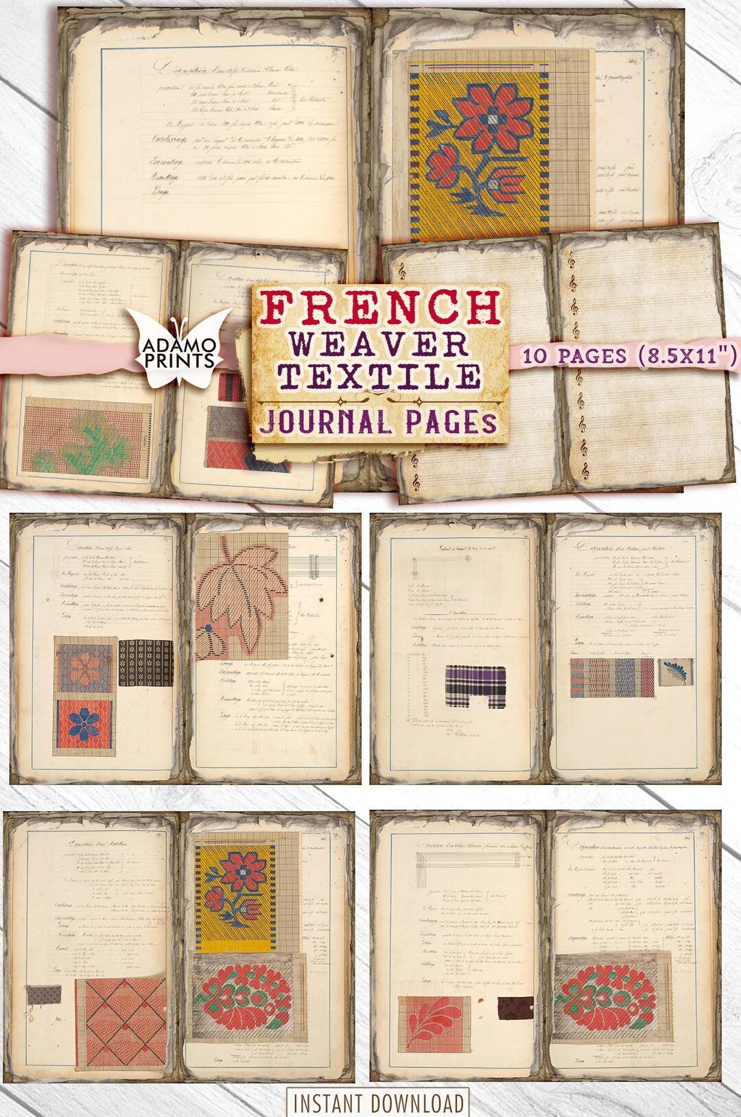 Vintage French Weaver Textile Journal Pages, Junk Journal Kit, Collage ...