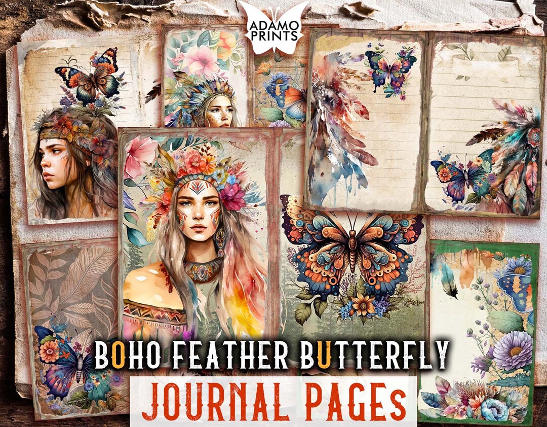 Boho Feather Butterfly Junk Journal Pages, Bohemian Journal Kit, Women ...