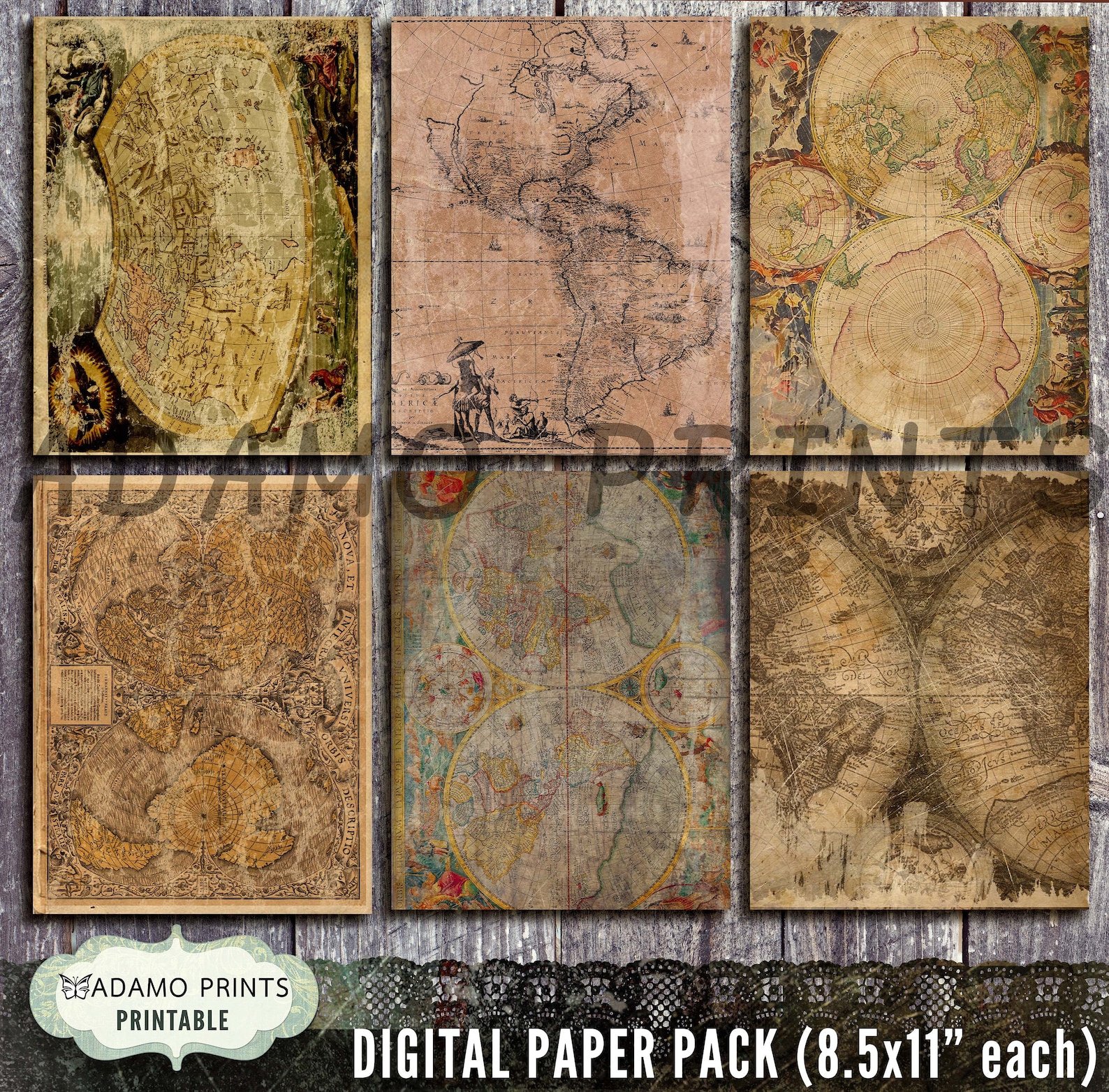 Vintage Map Antique Map Paper Pack Digital Grunge World - Etsy