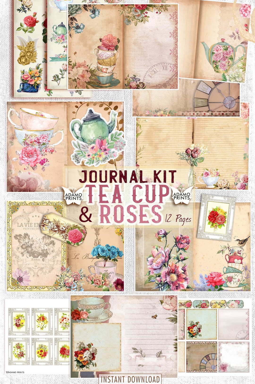 Tea Cup Roses Journal Kit, Journal Page, Roses, Collage Paper, Collage ...