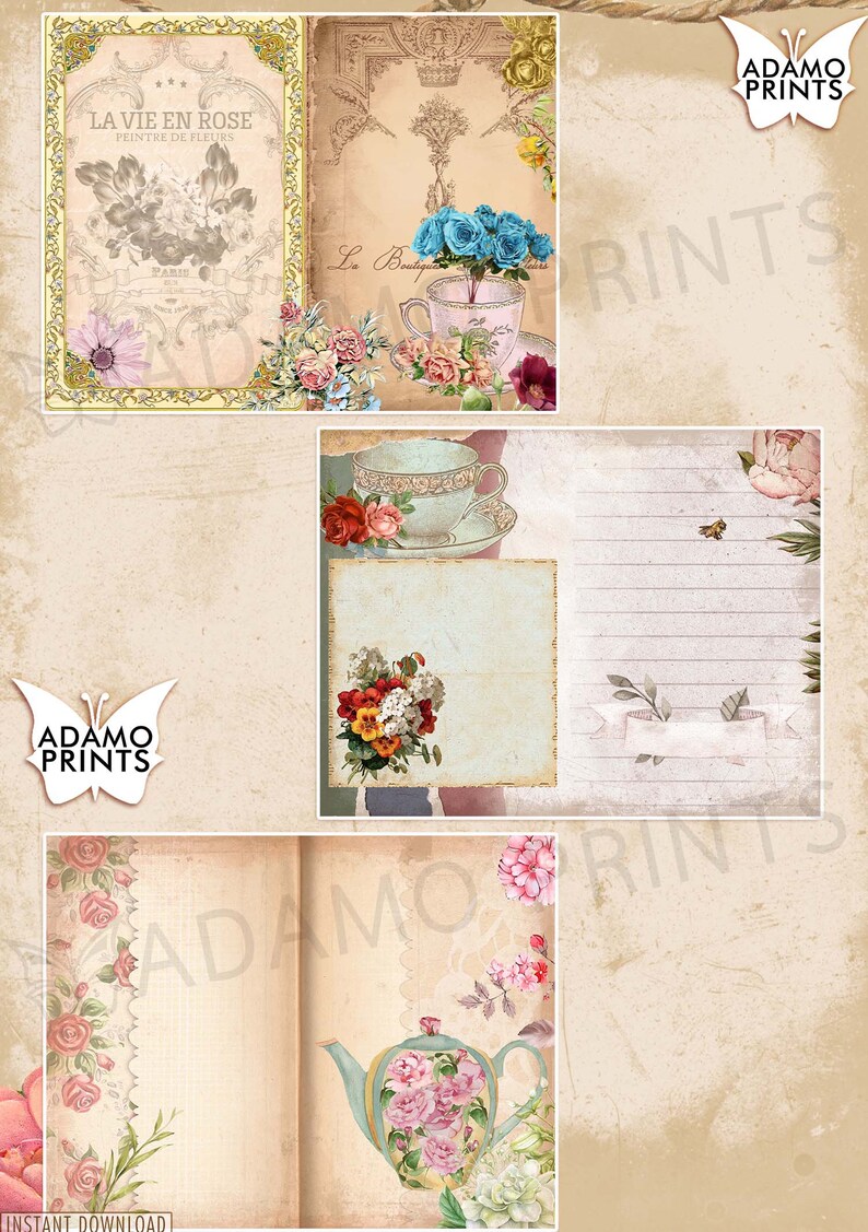 Tea Cup Roses Journal Kit Journal Page Roses Collage Paper - Etsy