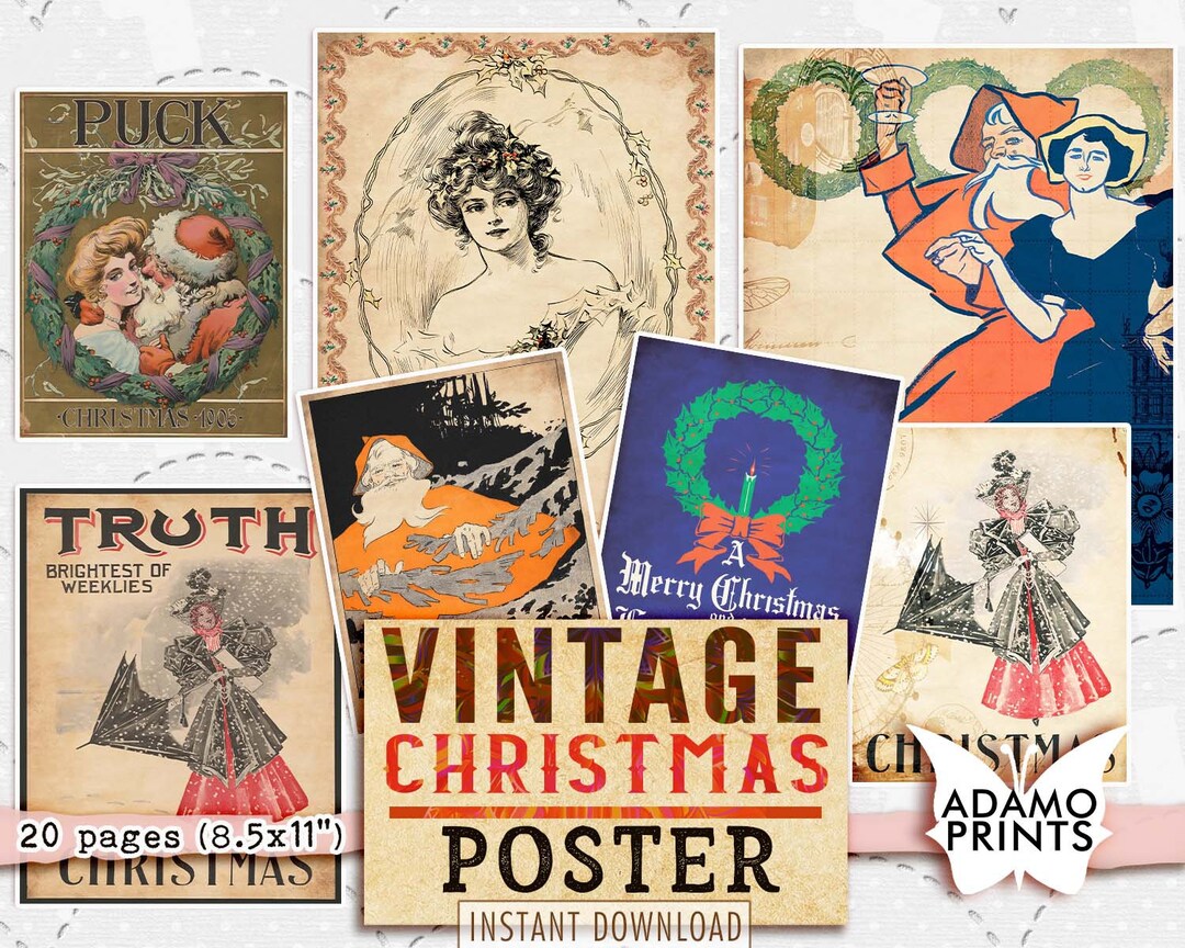Vintage Christmas Poster, Digital Paper, Wall Art Digital, Santa ...