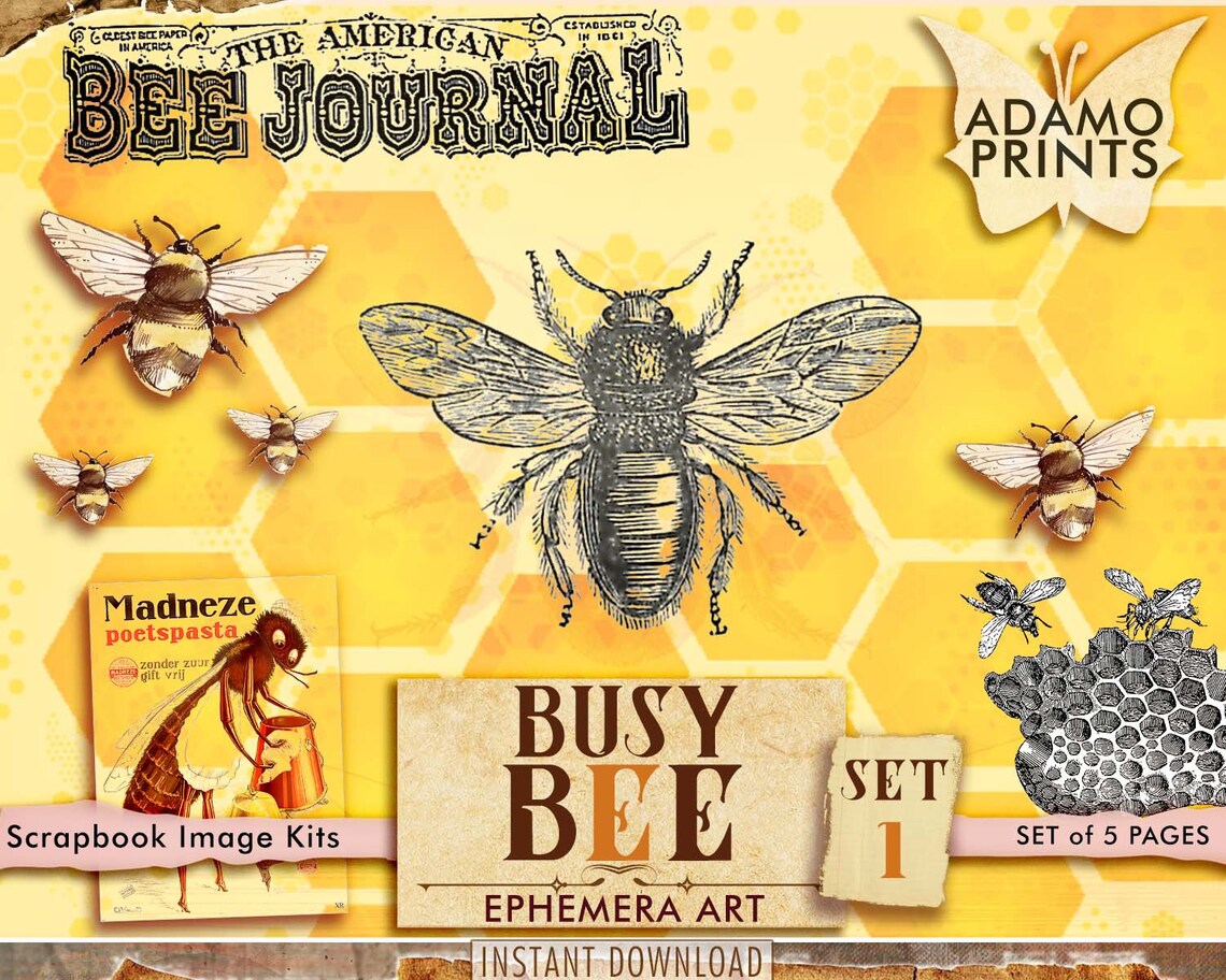 Busy Bee Set1, Ephemera Classics, Cards, Printable Images, Vintage Art ...