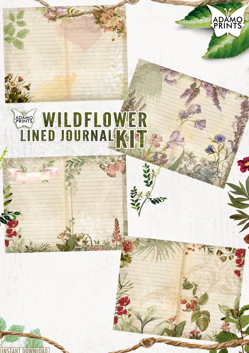 Wildflower Lined Journal Kit Journal Page Collage Sheets - Etsy