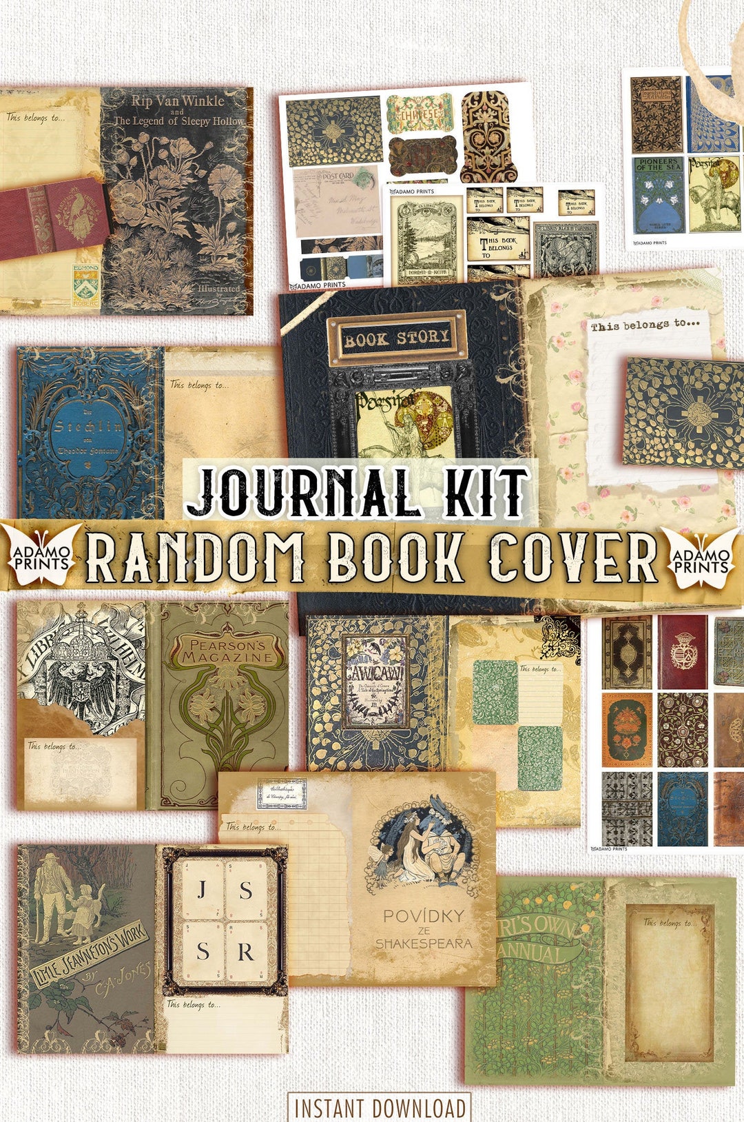 Random Book Cover Journal Kit, Journal Page, Collage Sheets, Antique ...