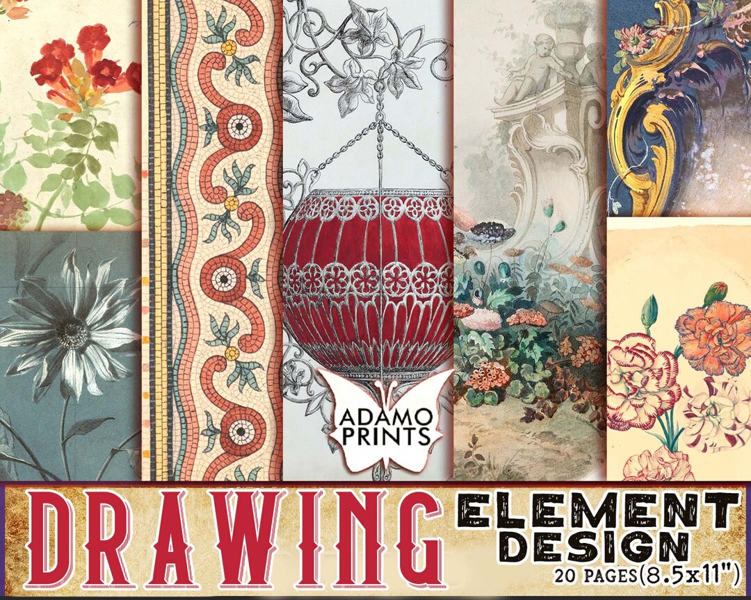 Drawing Element Design Pattern, Floral, Junk Journaling Kit, Paper for ...