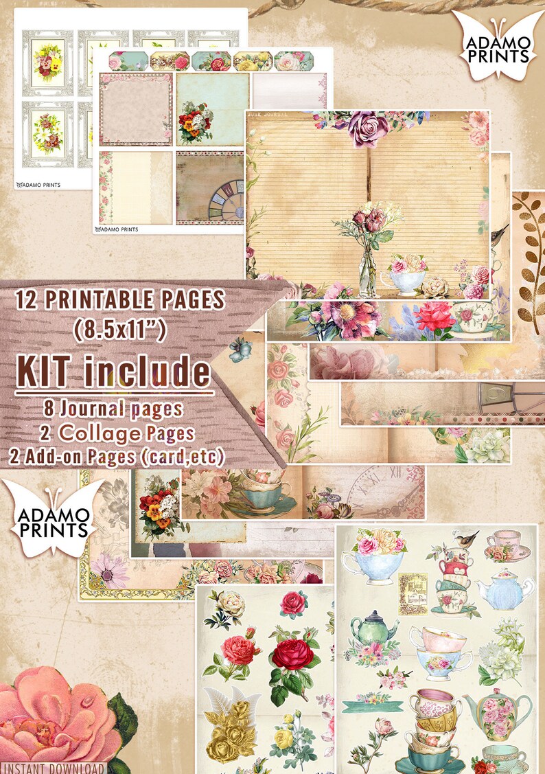 Tea Cup Roses Journal Kit, Journal Page, Roses, Collage Paper, Collage ...