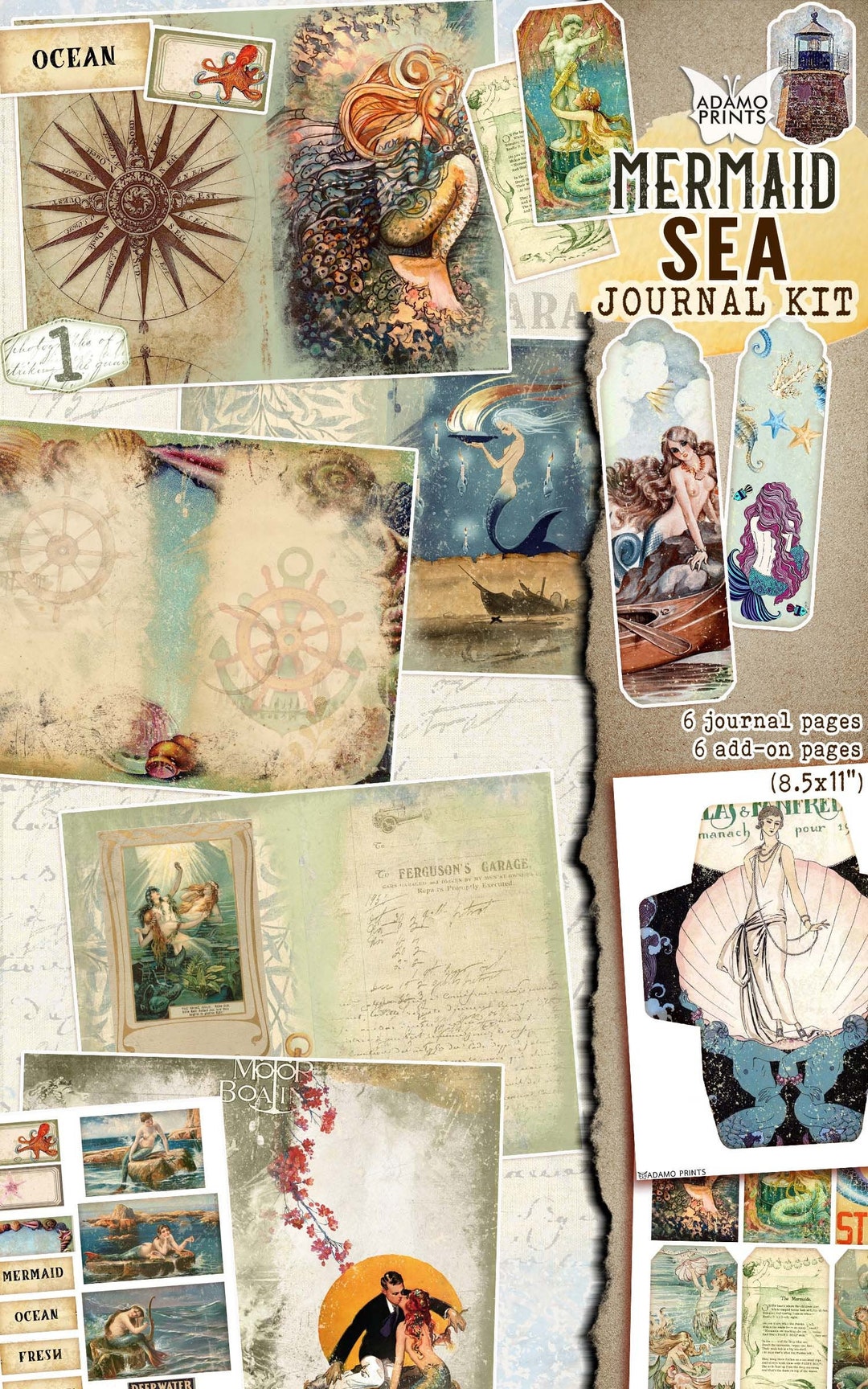 Mermaid & Sea Journal Kit, Journal Page, Tags, Seahorse, Coral, Blue ...