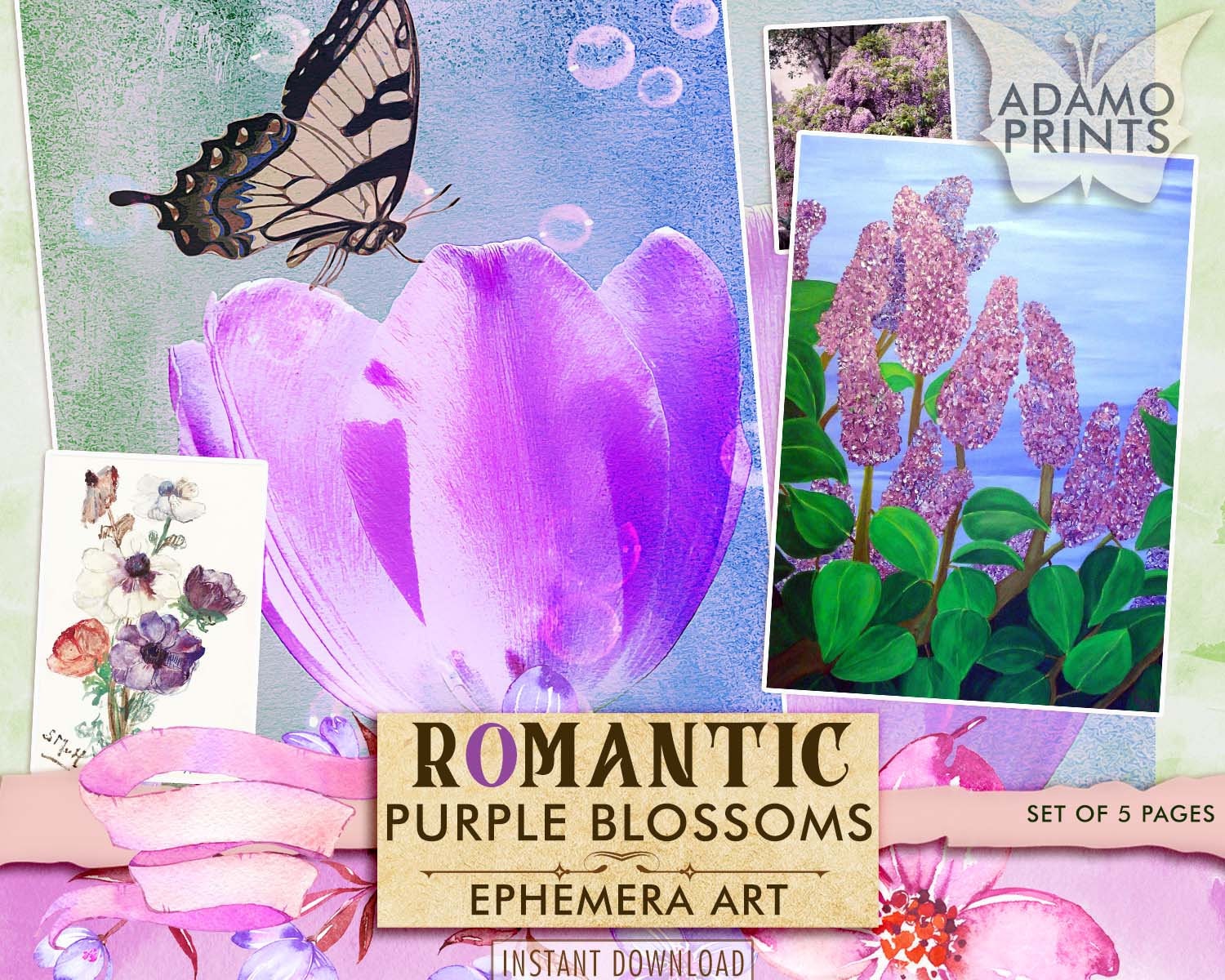 Romantic Purple Blossoms, Digital Flowers, Digital Blossoms, Wildflower ...