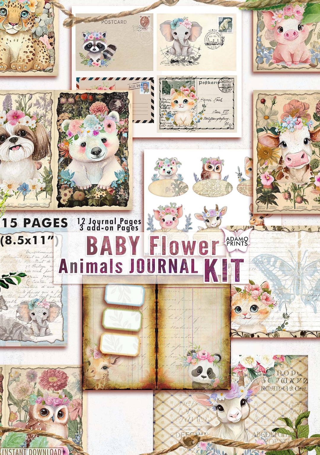 Baby Flower Animals Journal Kit, Collage Animals Journal, Baby Woodland ...