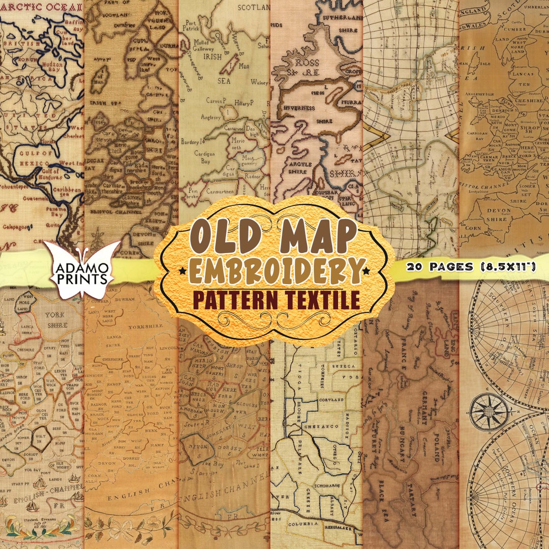 Embroidery Old Map Pattern, Textile, Antique Map Paper Pack, Paper for ...