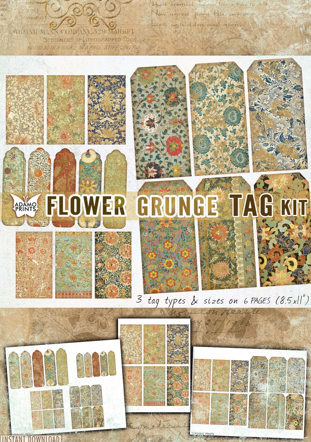 Flower Grunge Tag Kit, Digital Tag, Victorian, Ephemera Tag, Printable ...