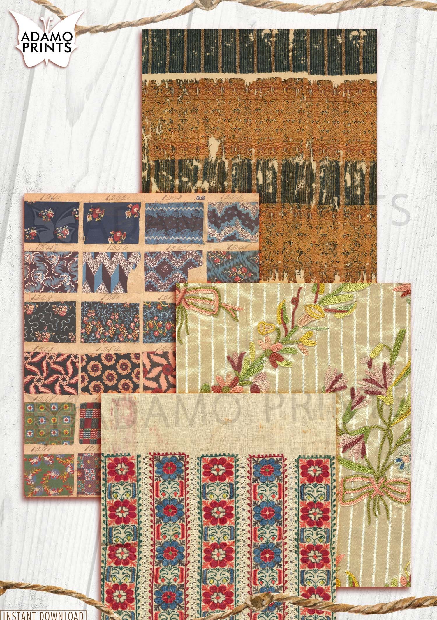 Strip Textile Pattern, Flower Printable, Junk Journaling Kit, Paper for ...