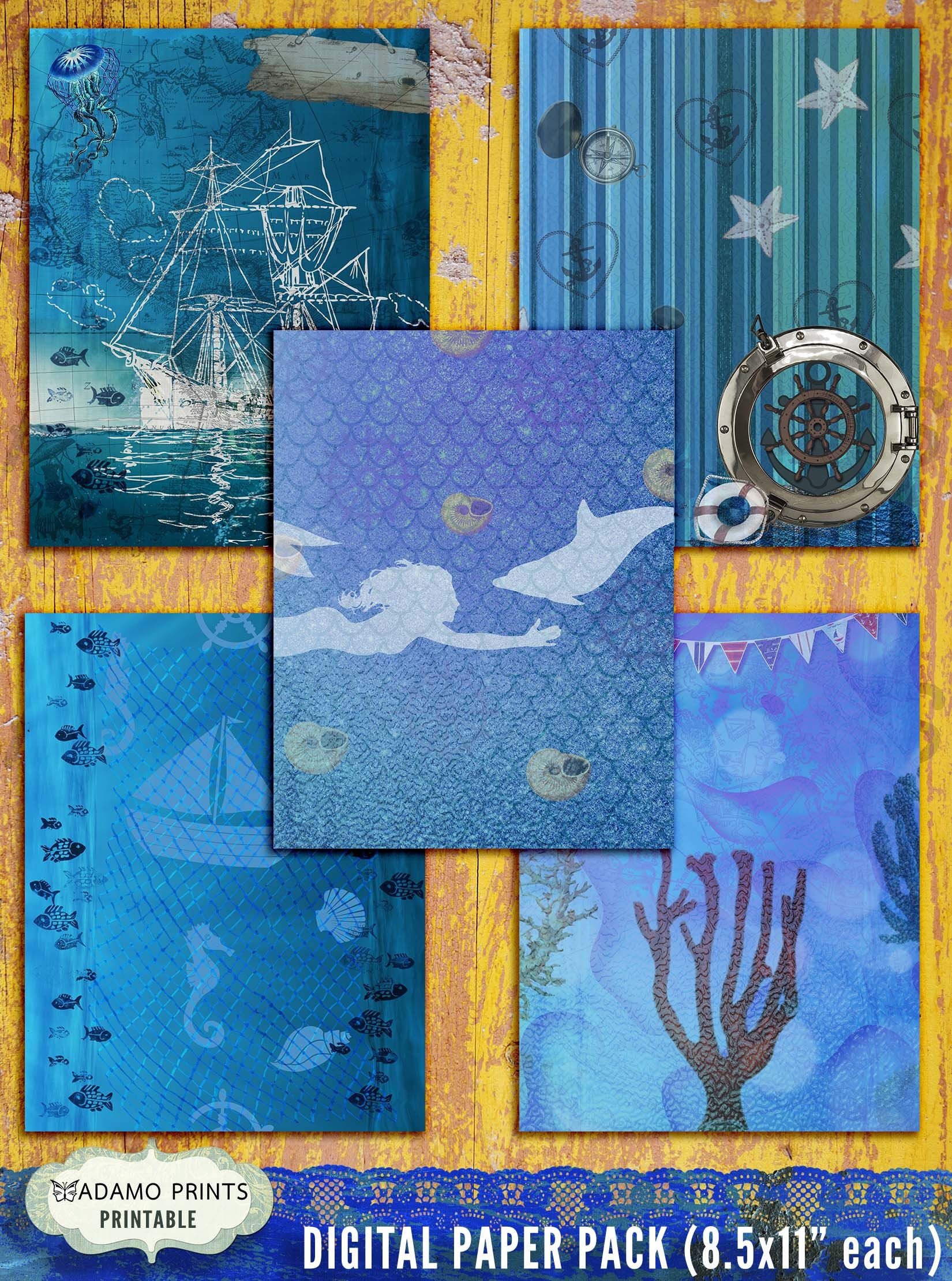 Nautical Blue Digital Paper Ocean Sea Shell Mermaid Sea - Etsy