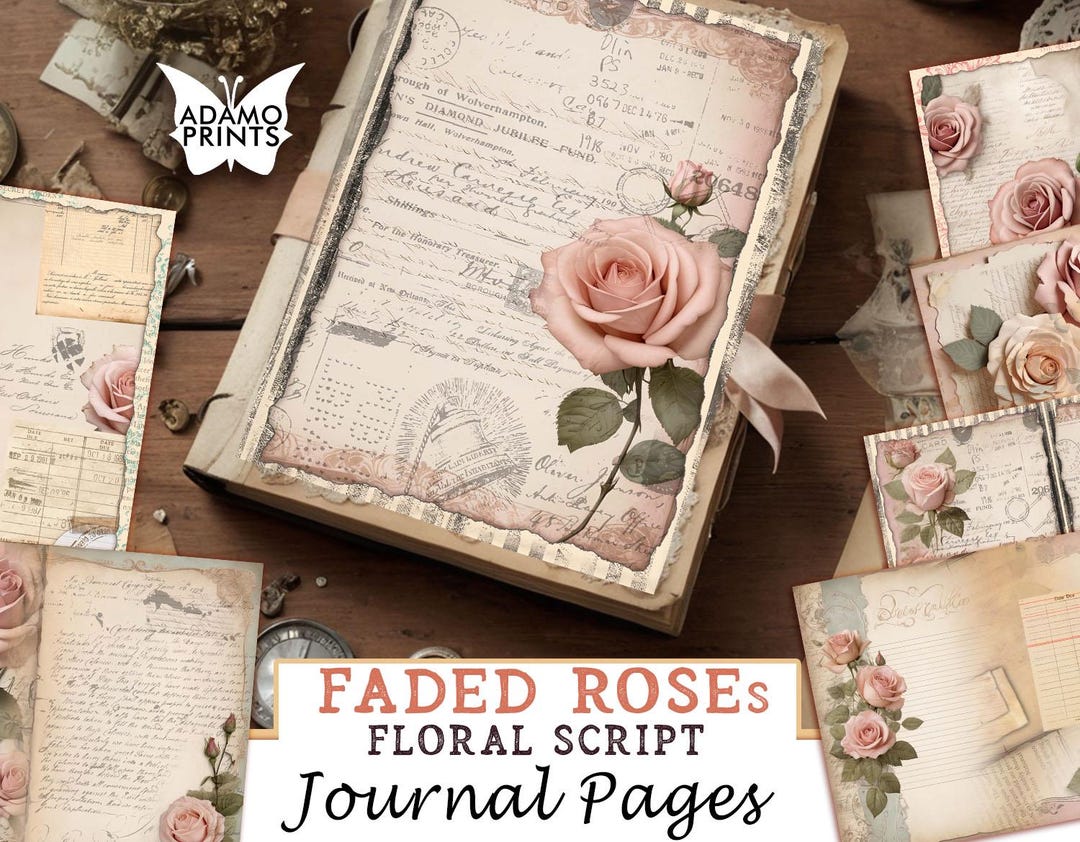 Faded Roses Floral Script Grunge Digital Paper, Vintage Background ...