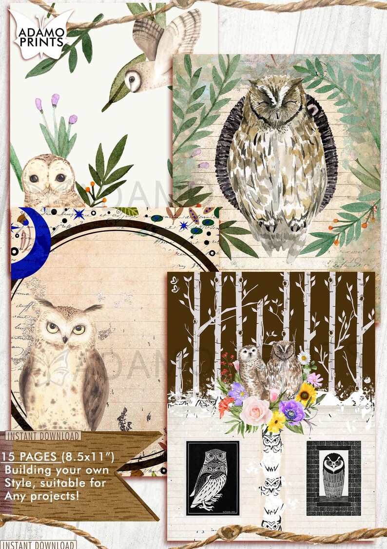 Forest Owl Journal Kit, Blank & Lined Page, Woodland, Collage Sheets ...