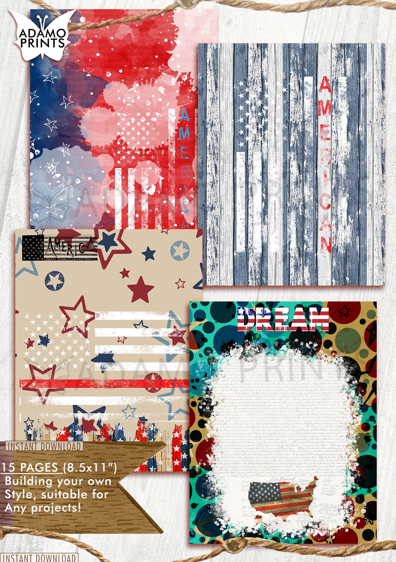 Patriotic Journal Kit, Blank & Lined Page, 4th of July, Collage Sheet ...
