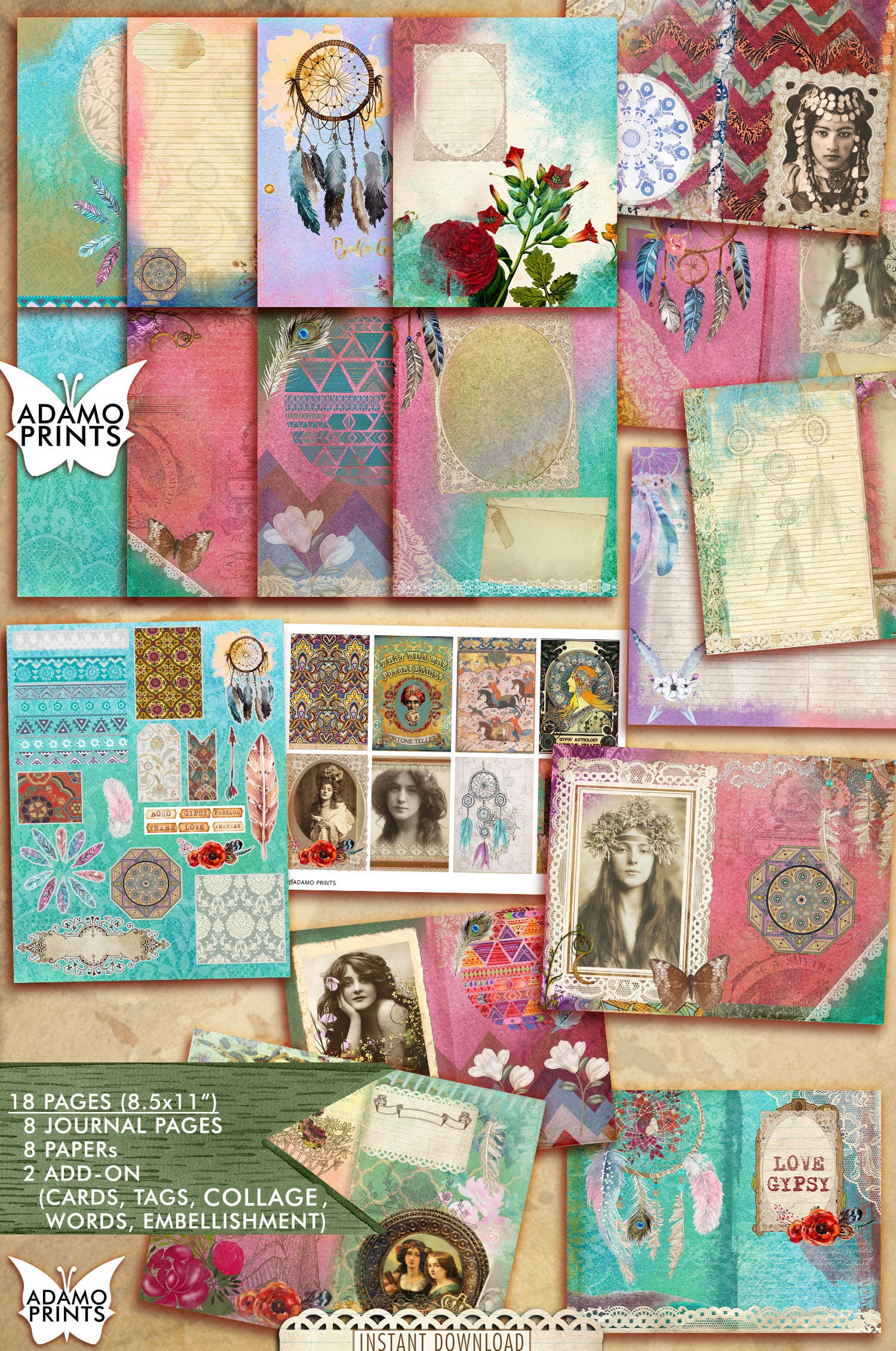 Gypsy Boho Junk Journal Kit, Printable Collage Pages (digital Download ...