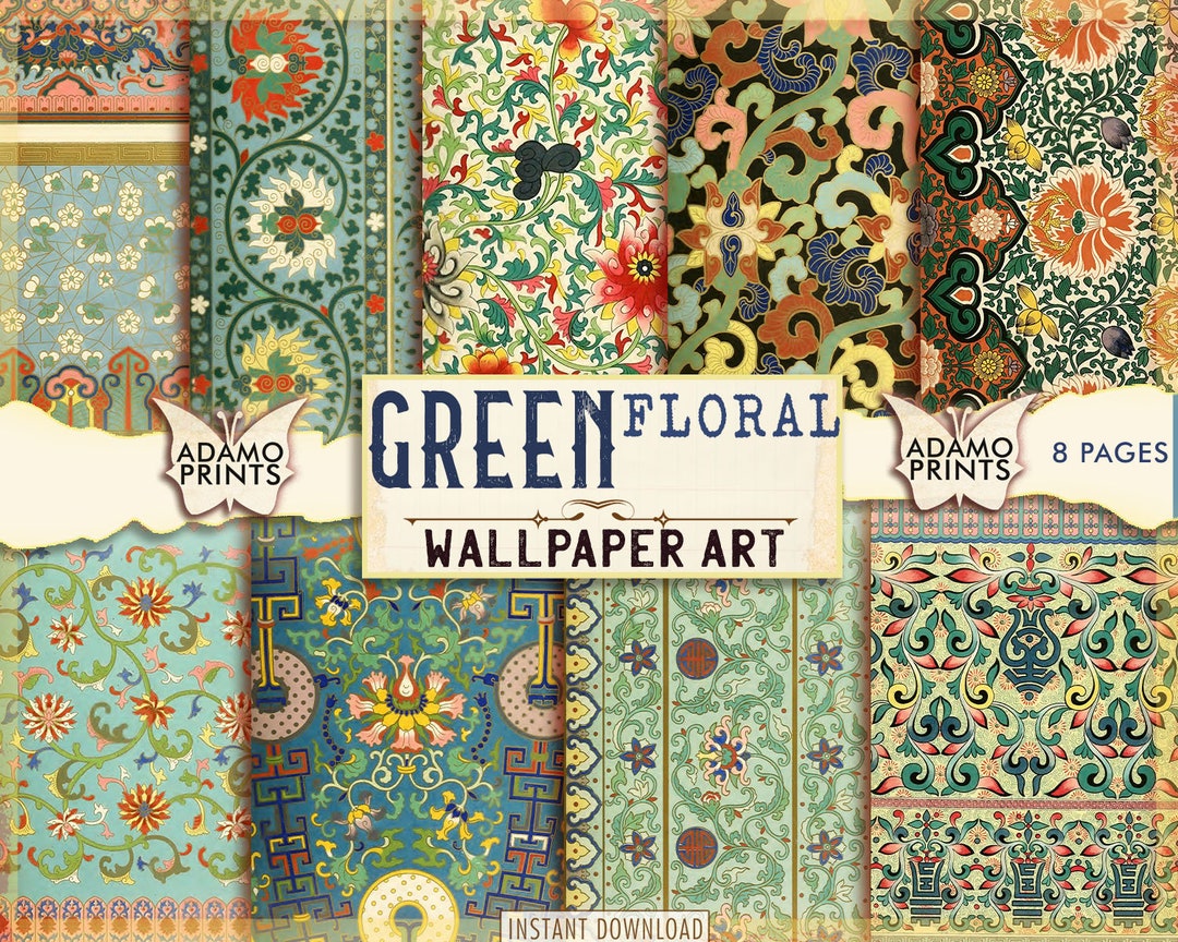 Green Floral Wallpaper, Digital Paper, Flower, Antique Texture ...