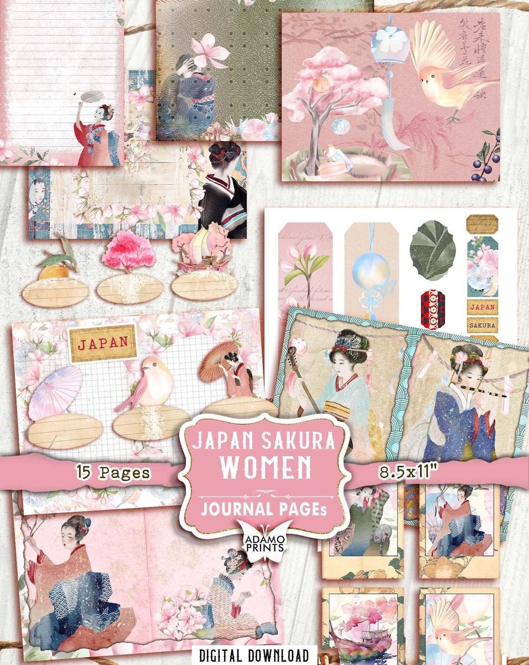 Japan Sakura Women Journal Kit, Japanese Journal Page, Cherry Blossom ...