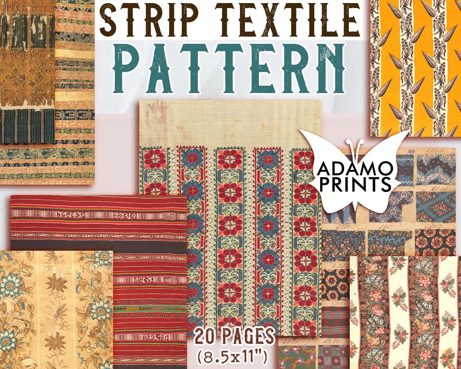Strip Textile Pattern, Flower Printable, Junk Journaling Kit, Paper for ...