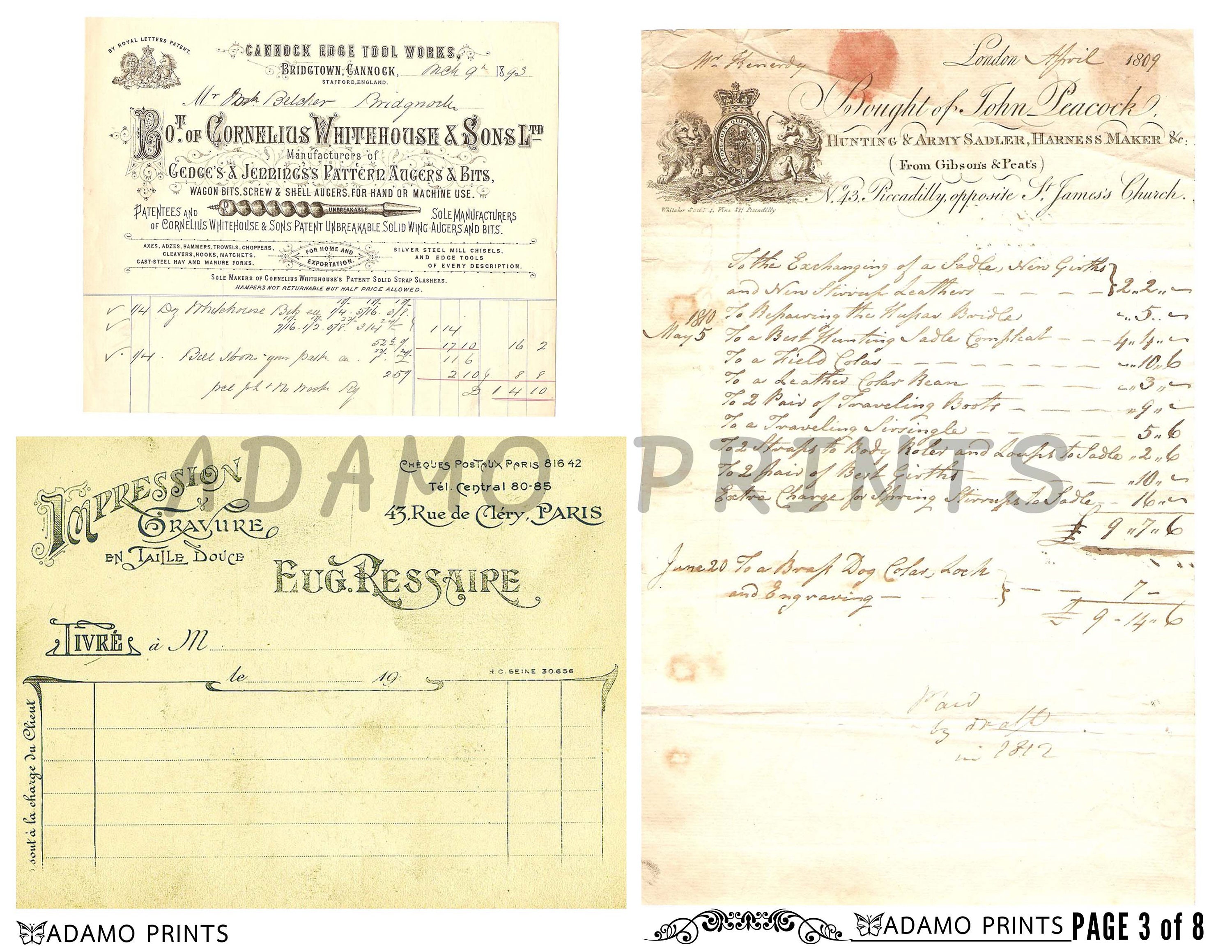 Vintage French Invoice, French Receipts Ephemera Cards, Ephemera ...