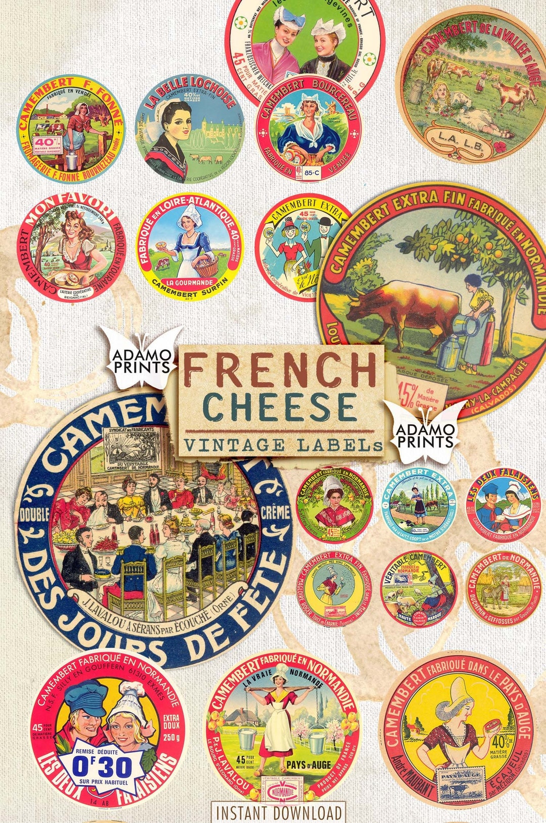 French Cheese Vintage Labels, Digital Labels, Collage Sheet ...