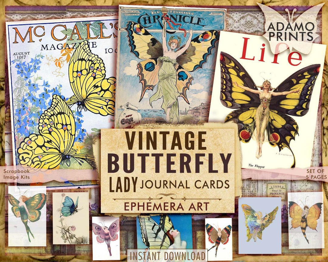 Vintage Butterfly Lady Journal Cards, Women Digital, Vintage Art ...