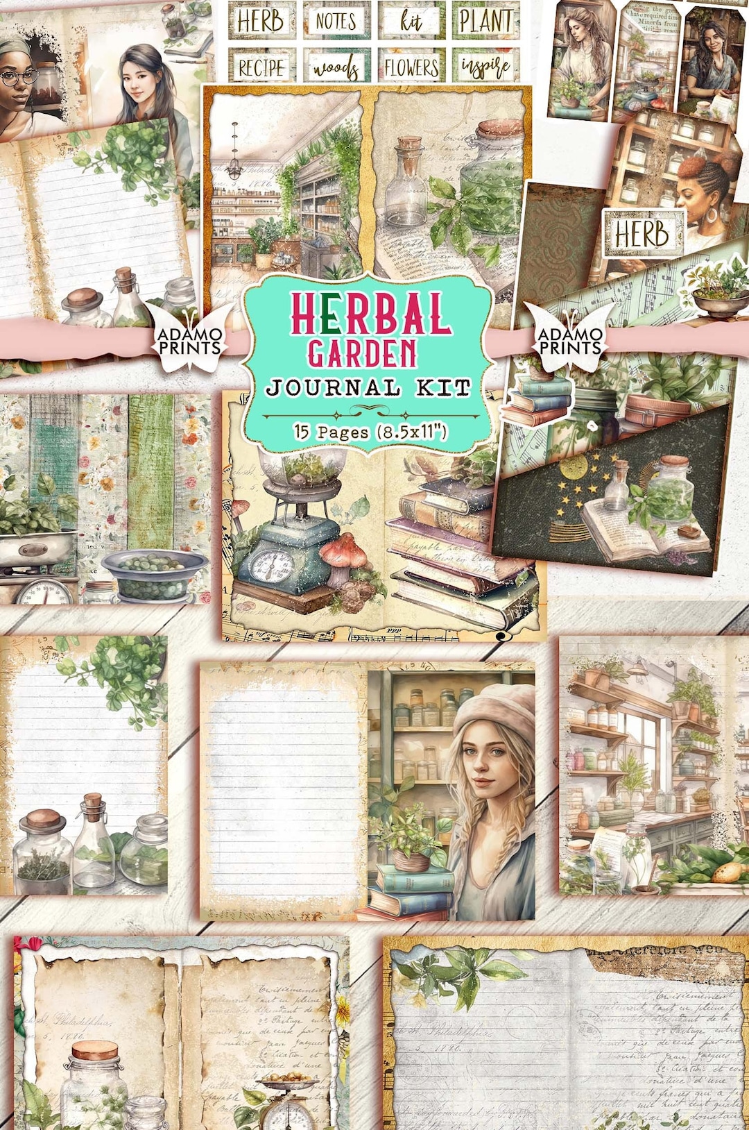 Herbal Garden Junk Journal Kit, Plant & Herb, Journal Page, Collage ...