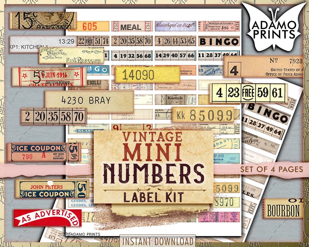 Vintage Mini Number Label Kit, Ephemera Number, Junk Journaling Digital ...