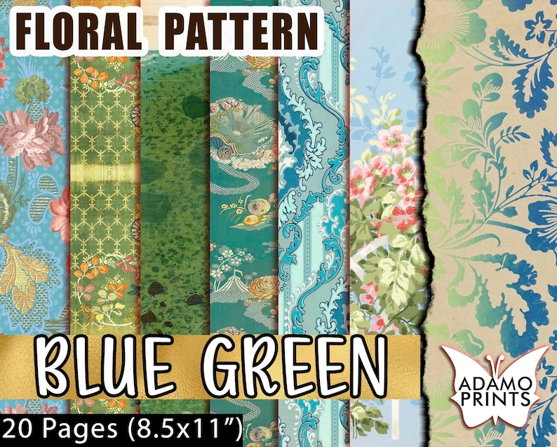 Blue Green Floral Pattern Floral Wallpaper Digital Paper - Etsy