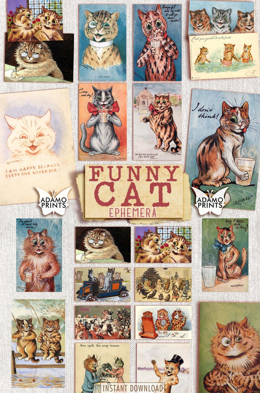 Funny Cat, Ephemera Kit, Cards, Printable Images, Vintage Art, Classic ...