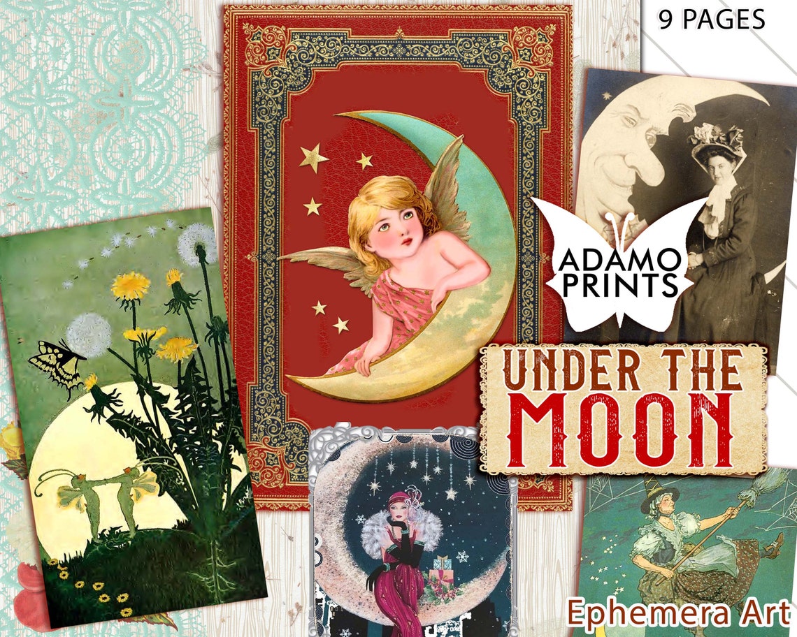 Under the Moon, Vintage Moon Art, Moon Ephemera, ATC Cards, Digital Art ...