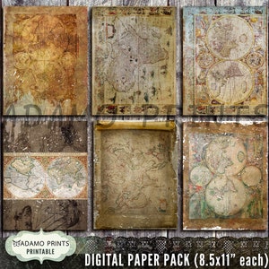 Vintage Map, Antique Map Paper Pack, Digital, Grunge, World Map, Travel ...