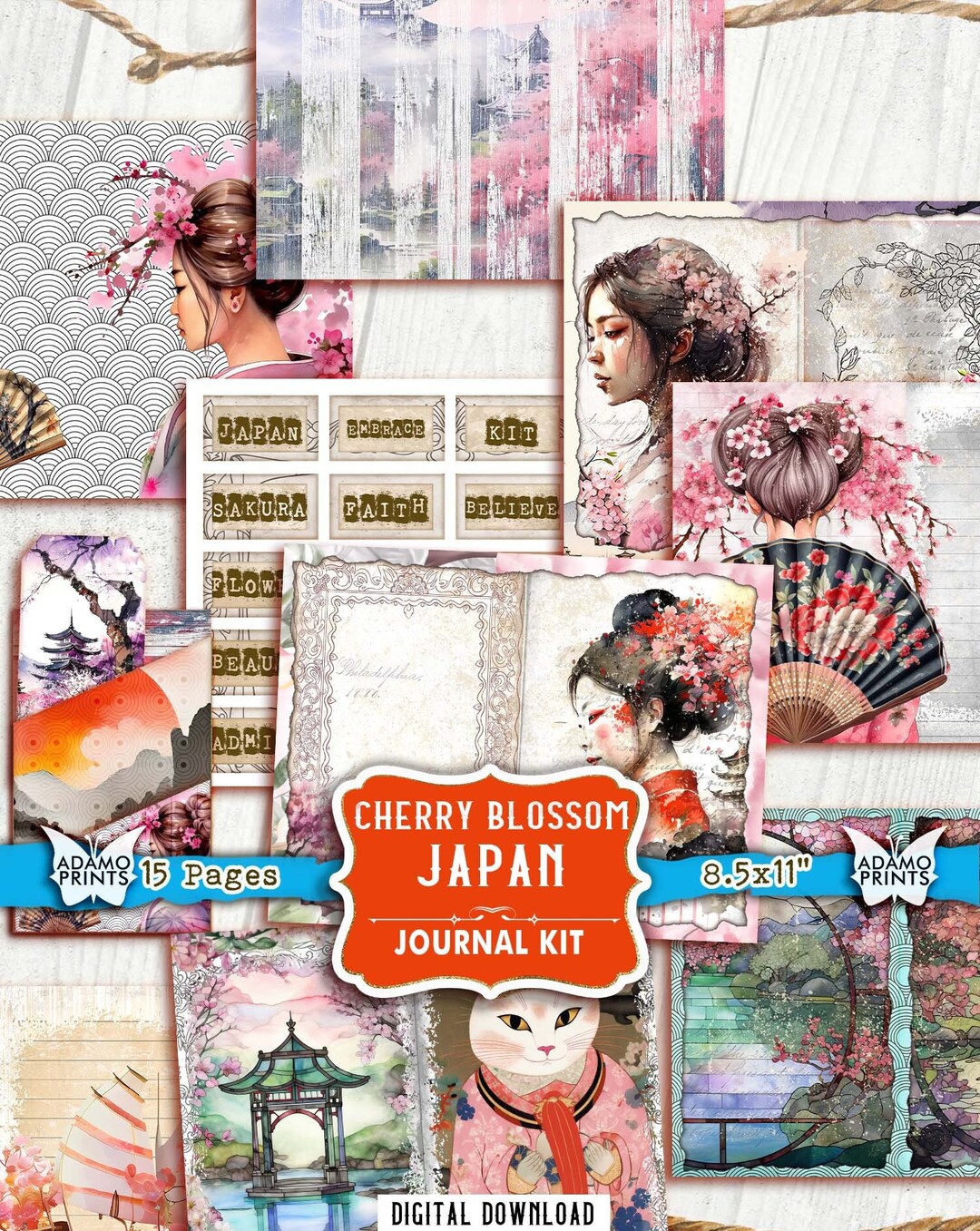 Japan Cherry Blossom Journal Kit, Japanese Journal Page, Sakura, Asian ...