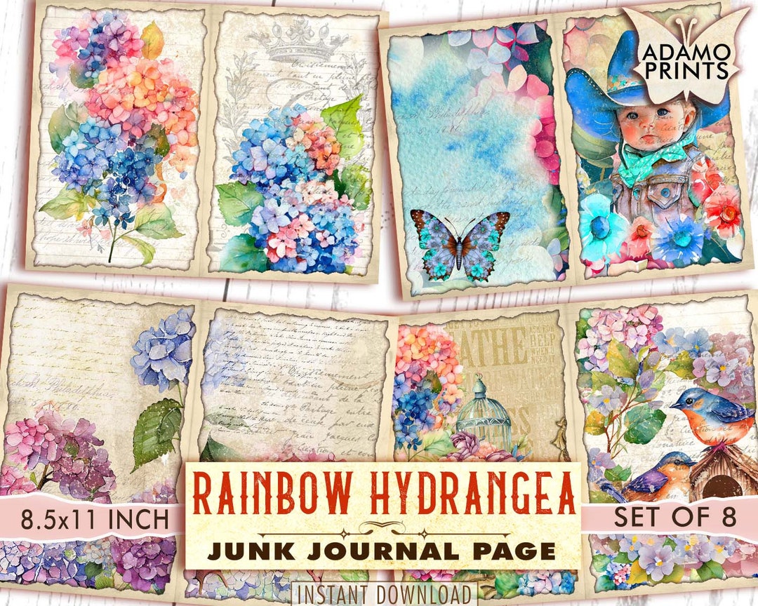 Rainbow Hydrangea Junk Journal Pages, Journal Kit, Collage Sheets, Floral Vintage, Ephemera ...