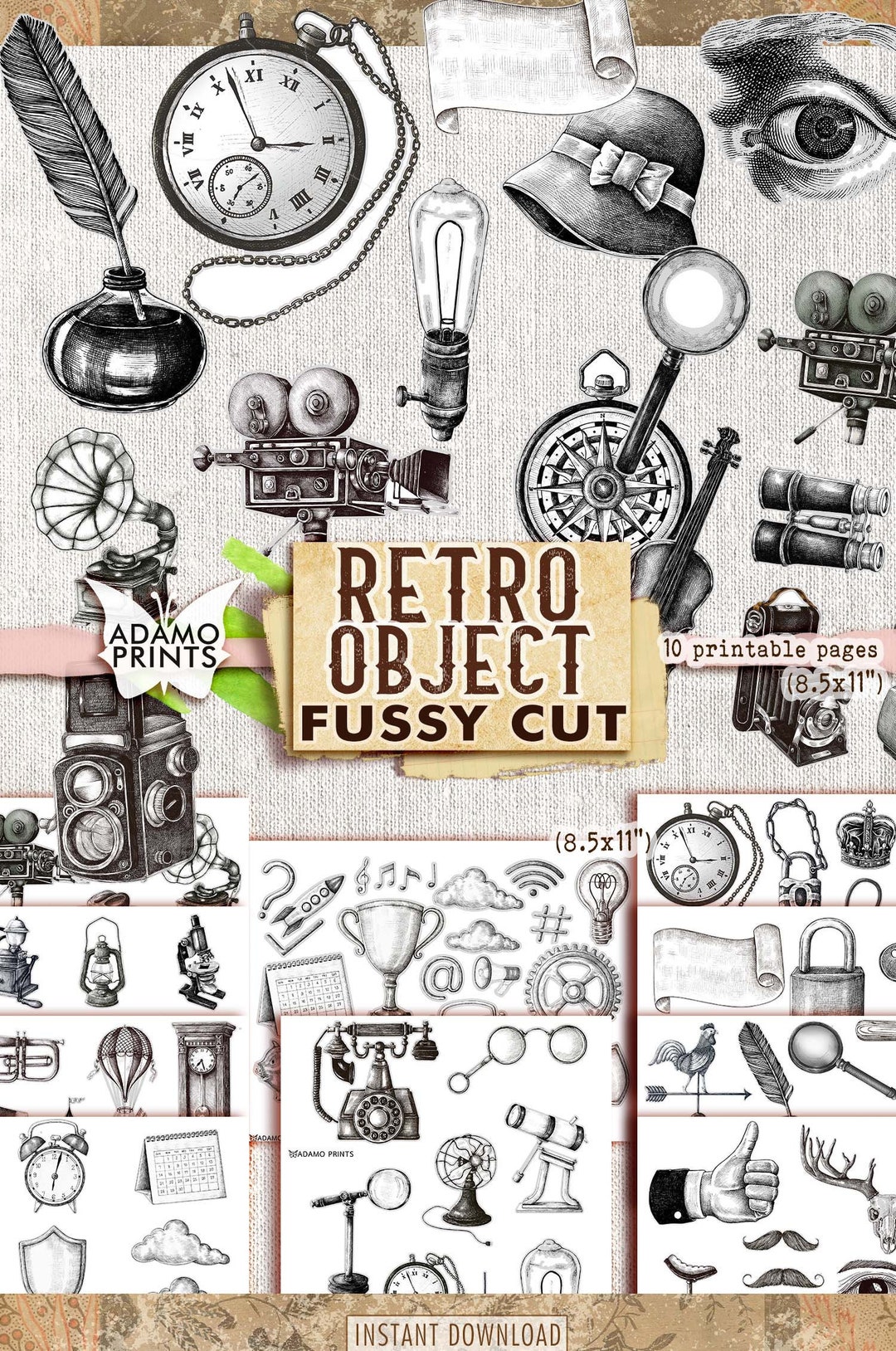 Retro Object Fussy Cut, Digital Kit, Scrapbook Vintage, Embellishment ...