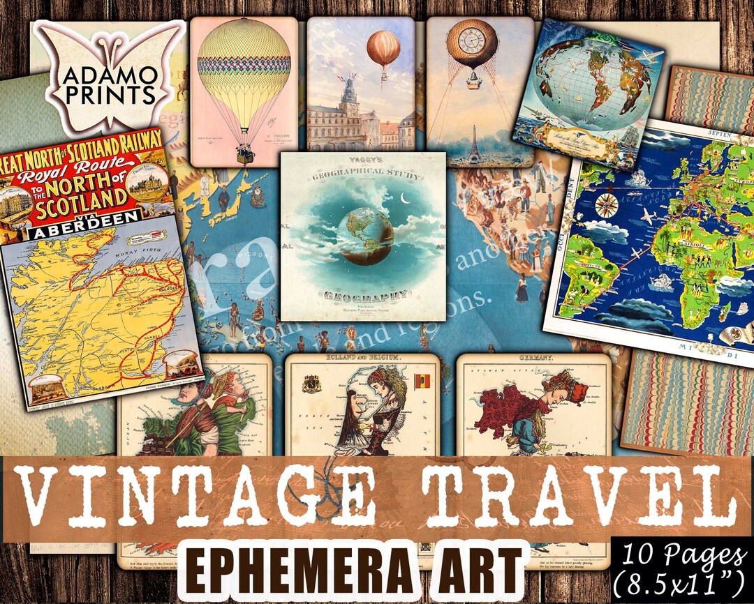 Vintage Travel, Antique Map, Mini Map Digital, Grunge, Balloon, ATC ...