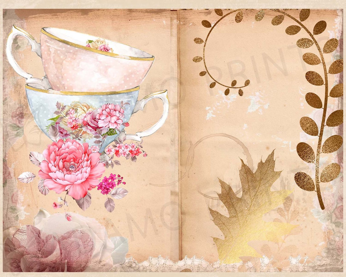 Tea Cup Roses Journal Kit, Journal Page, Roses, Collage Paper, Collage ...