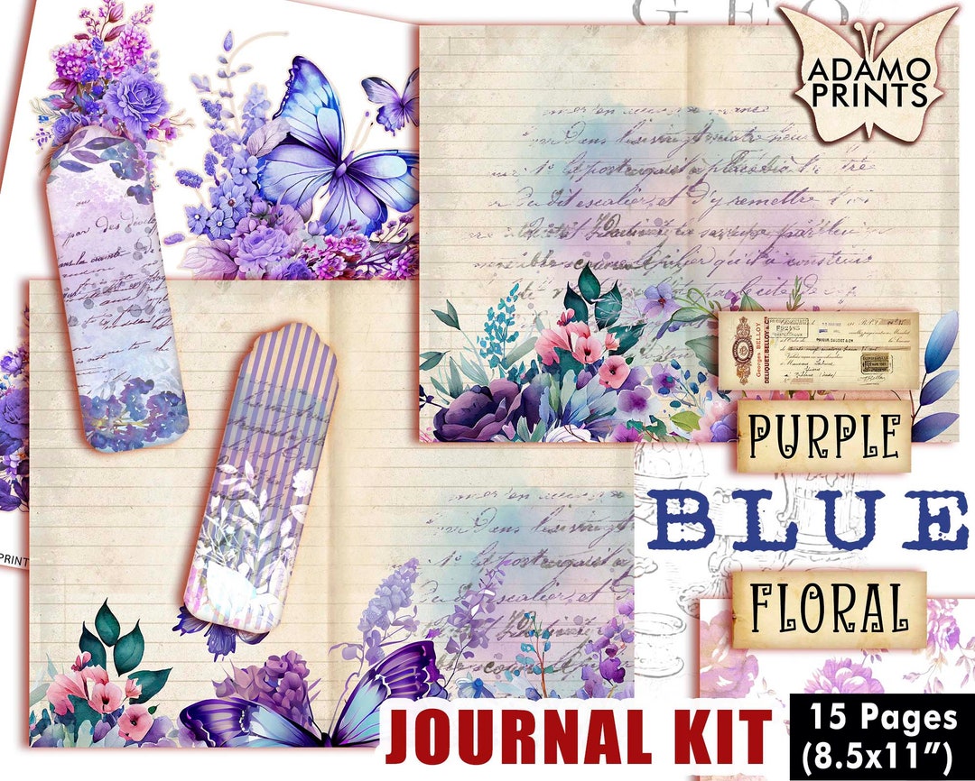 Purple Blue Floral Journal Kit, Journal Page, Blank & Lined Paper ...