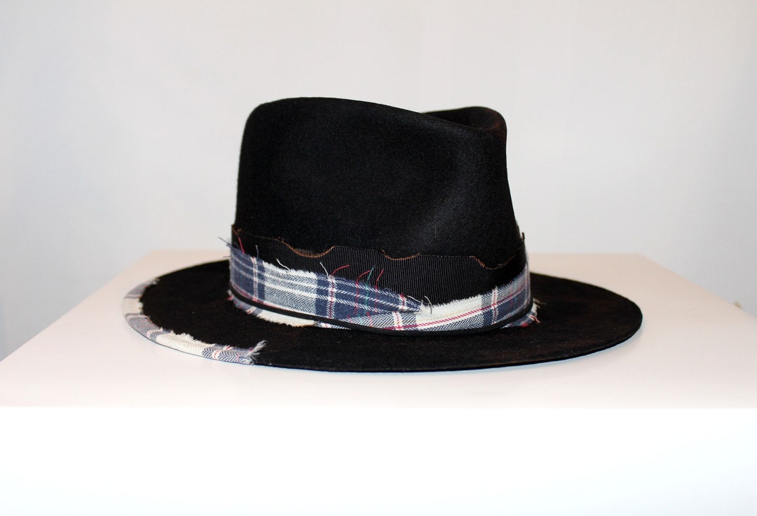 Unisex Black Distressed Fedora Hat Upcycled Checked Fabric Handmade ...