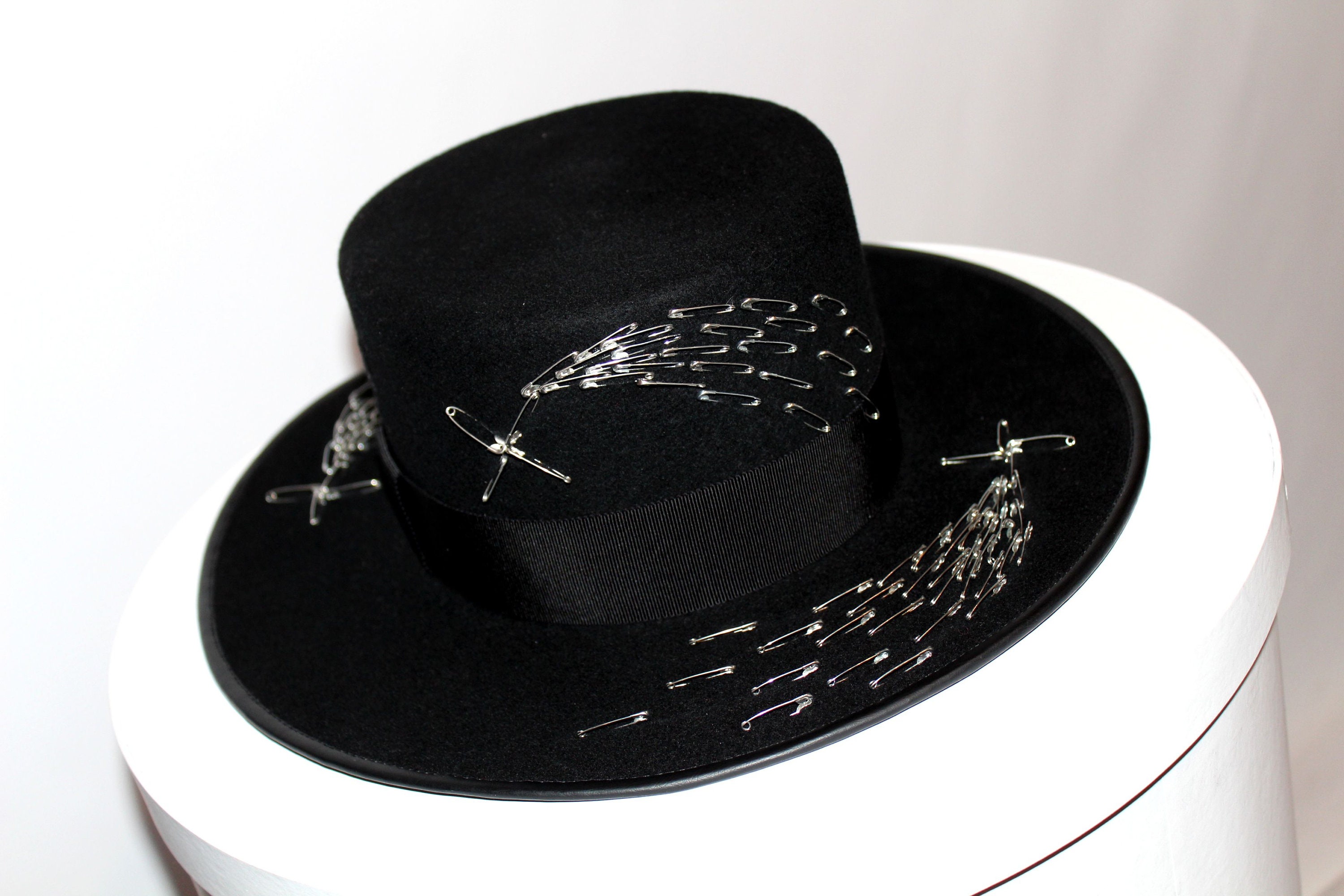Black Distressed Flat Top Unisex Hat With Metal Pins - Etsy