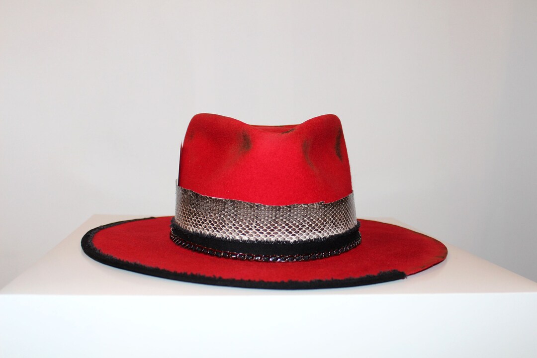 Red Distressed Fedora Hat With Upcycled Denim | Snake Skin and Metal ...