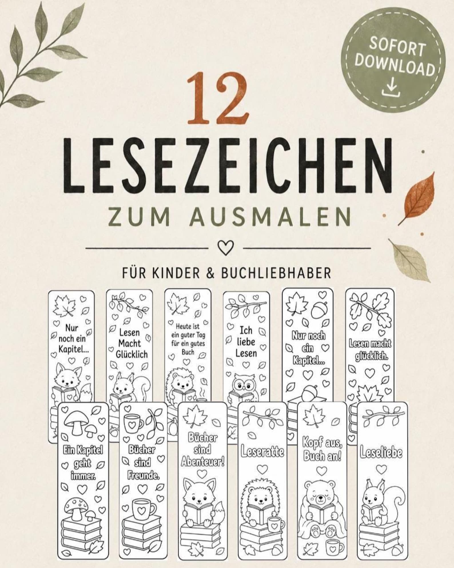 12 Autumn Coloring Bookmarks for Kids | Reading Theme PDF (digital ...