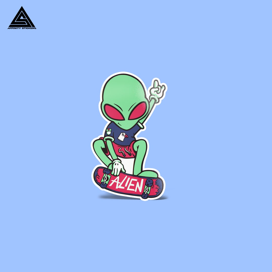 Skater Alien Sticker || Vinyl Sticker, Water Bottle Sticker, Tumbler ...