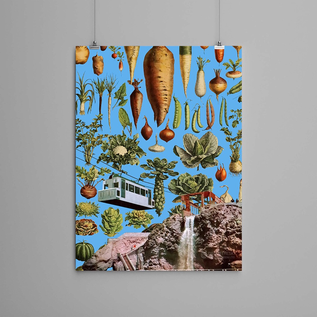 Collage Art Print – ‘vegetable Island ’ - Retro Art, Vintage Art, Home ...