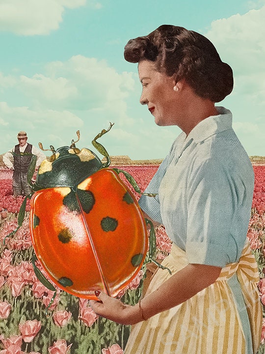 Collage Art Print ladybug Retro Art, Vintage Art, Home Decor, Wall Art ...