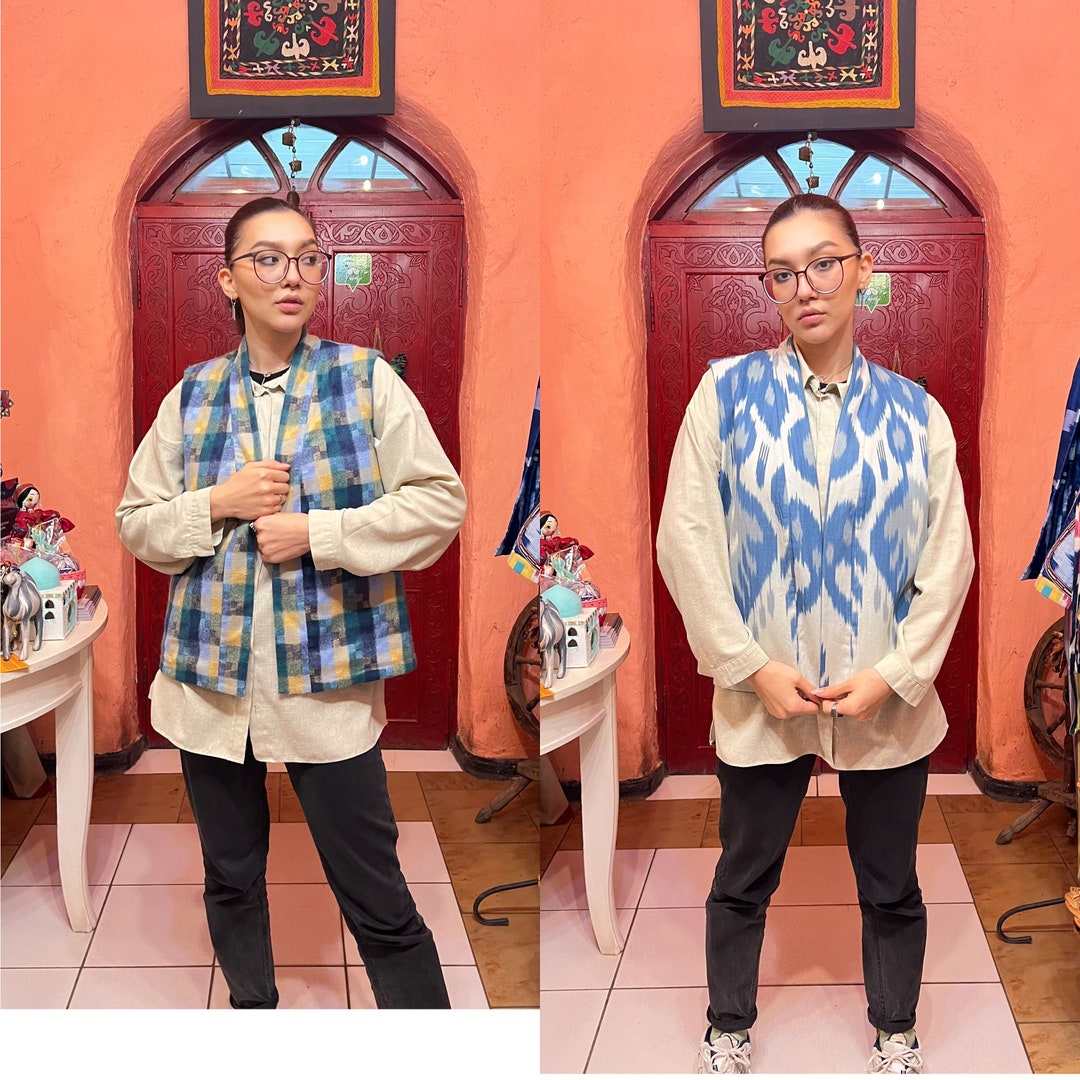 Handmade Reversible Vest Cotton and Wool Vest Warm Blue and Yellow Vest ...